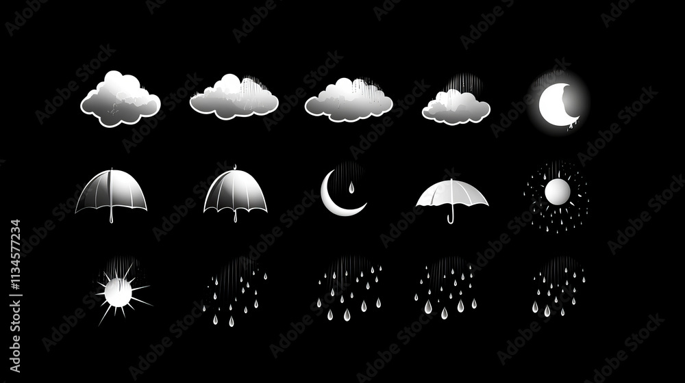 Rainy weather icons with sun, moon, clouds and water drops. Meteorology ...