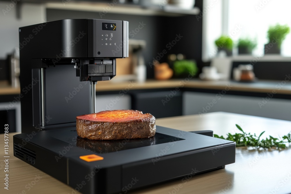 In a contemporary kitchen, a 3D food printer designs a plant-based ...