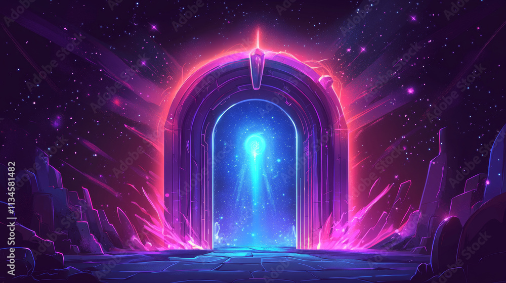 Stone arch fantasy door portal with magic neon glow. Game ui design of ...