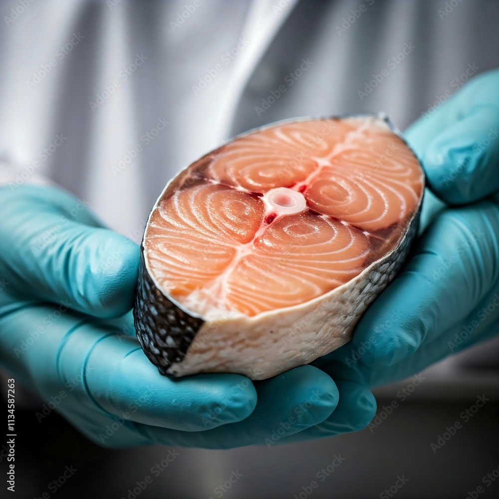 close-up of lab-grown fish fillet being inspected by a scientist ...