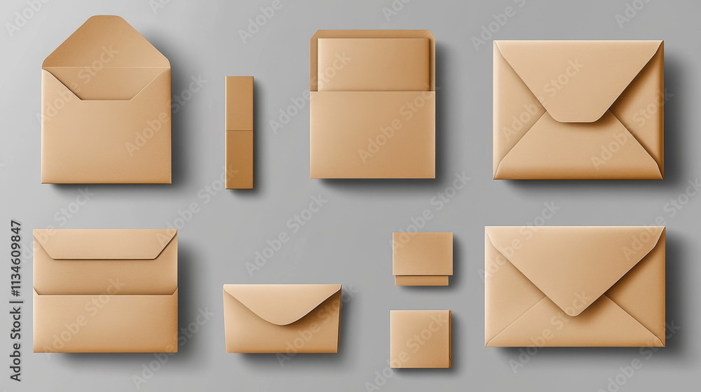 Kraft envelopes template set. Blank brown closed and open craft paper covers, vertical and ...