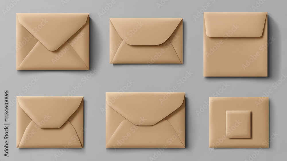 Kraft envelopes template set. Blank brown closed and open craft paper ...