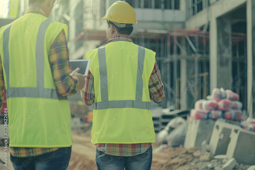 Construction worker guiding a crane operator while assembling materials ...