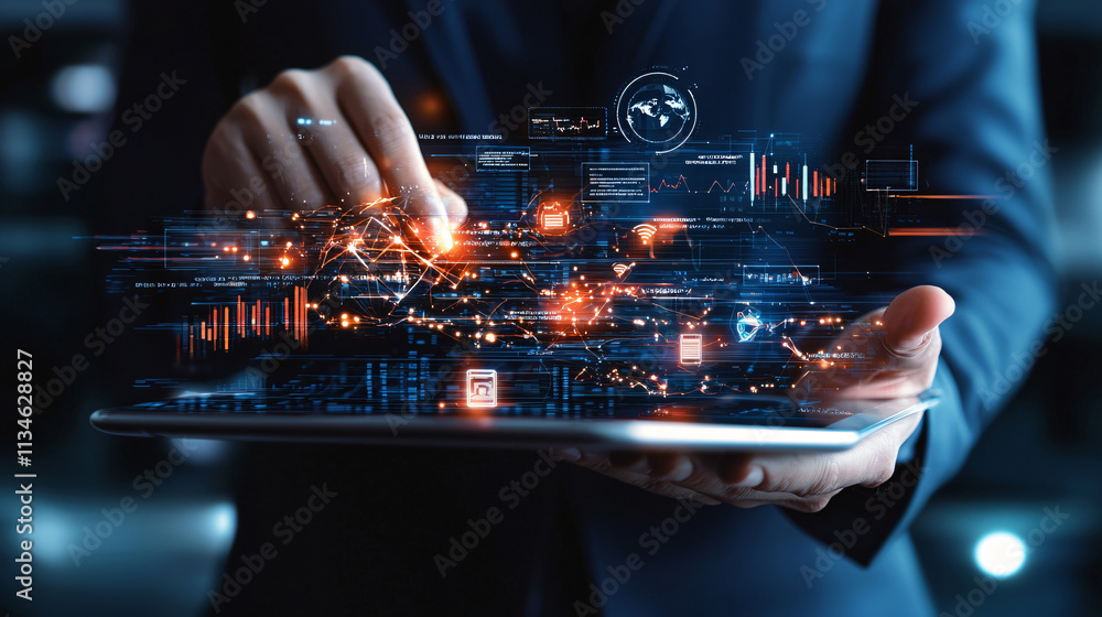 digital marketer analyzing social media engagement with data visualization on tablet. futuristic ...