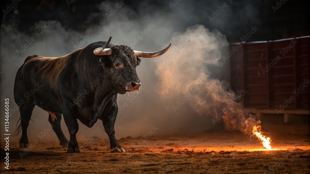 Fiery Bull Smoke, Fire, and a Dark-Colored Bull in an Arena ...