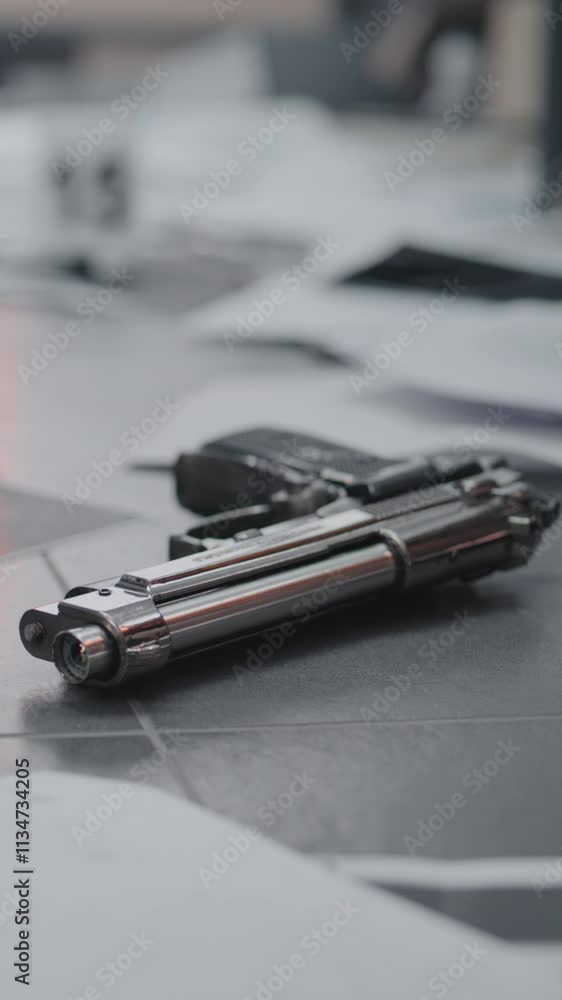 Vertical shot of murder weapon lying next to numbered marker at crime ...