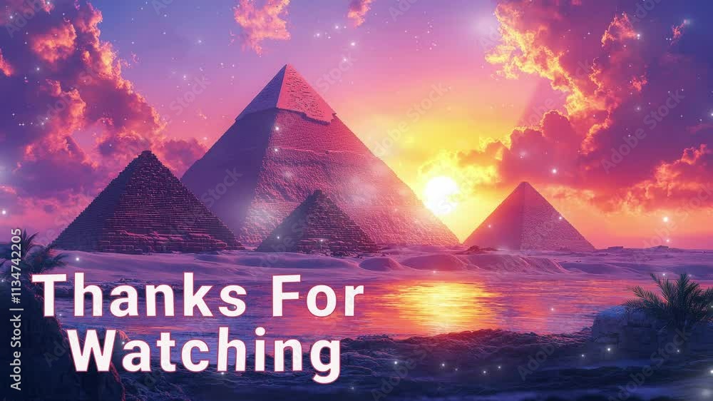 Colorful sunset casts warm glow over iconic pyramids and landscape ...