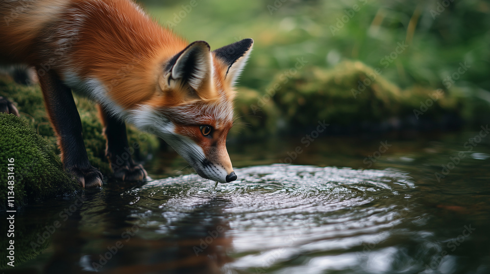 Red Fox Drinking From A Puddle of Water in A National Park Stock Photo ...