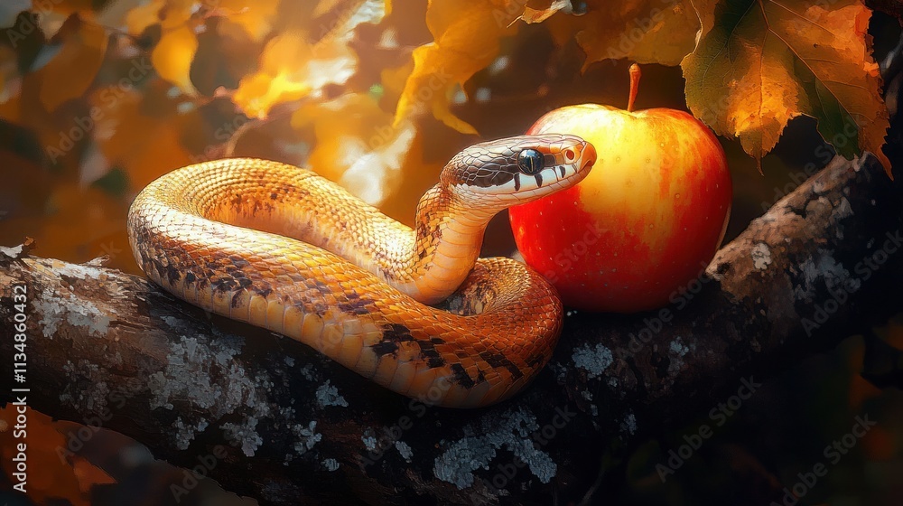 Golden Snake Coiled Around Red Apple on Tree Branch in Garden of Eden ...