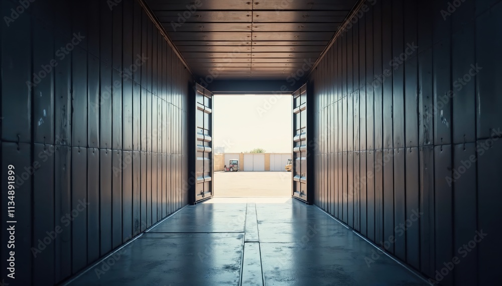 A dimly lit shipping container with an open door revealing an outdoor ...
