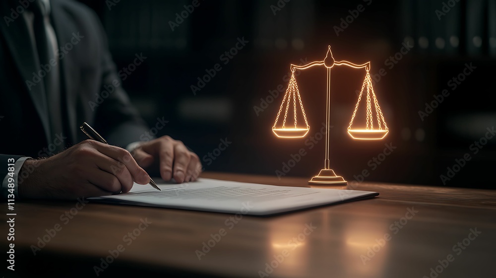 lawyer signing, legal document, scales of justice. A professional ...