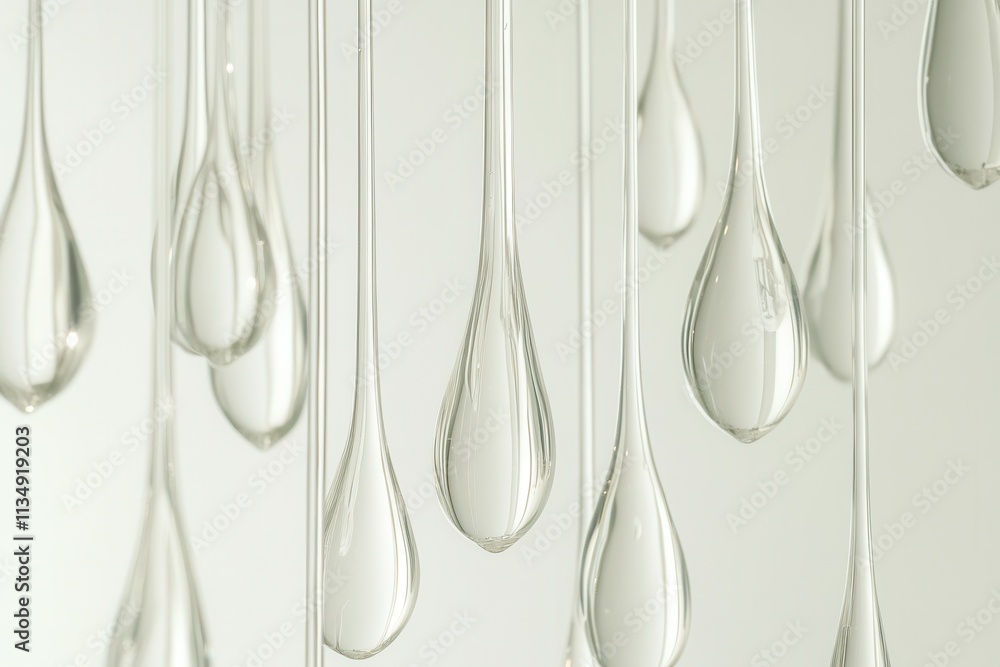 Large droplets of water elegantly slide down a transparent glass ...