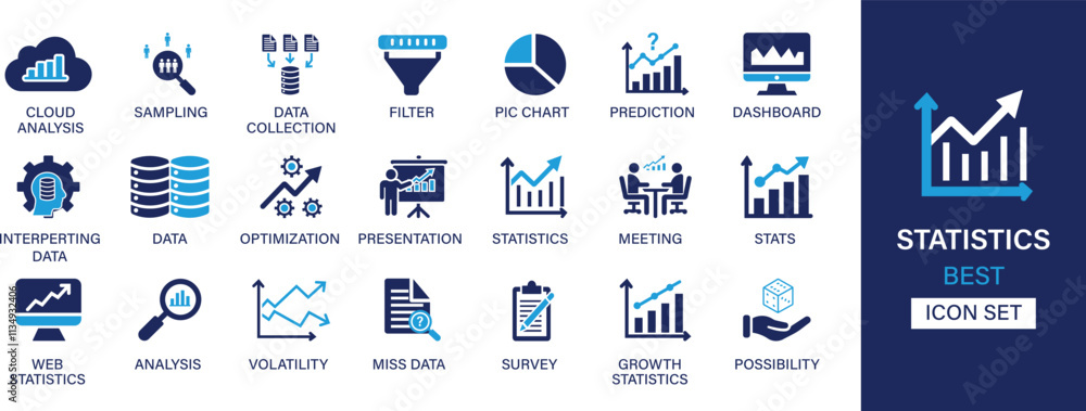 Statistics icon set collection. Cloud analysis, sampling, data ...