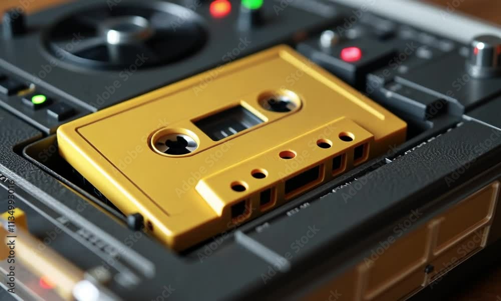 Audio cassette tape in use for sound recording in the tape recorder. A ...
