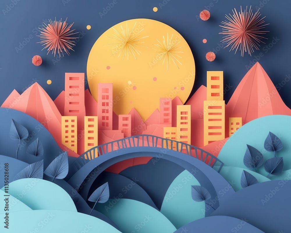 Origami bridge leading to a glowing papercut city celebrating the New ...