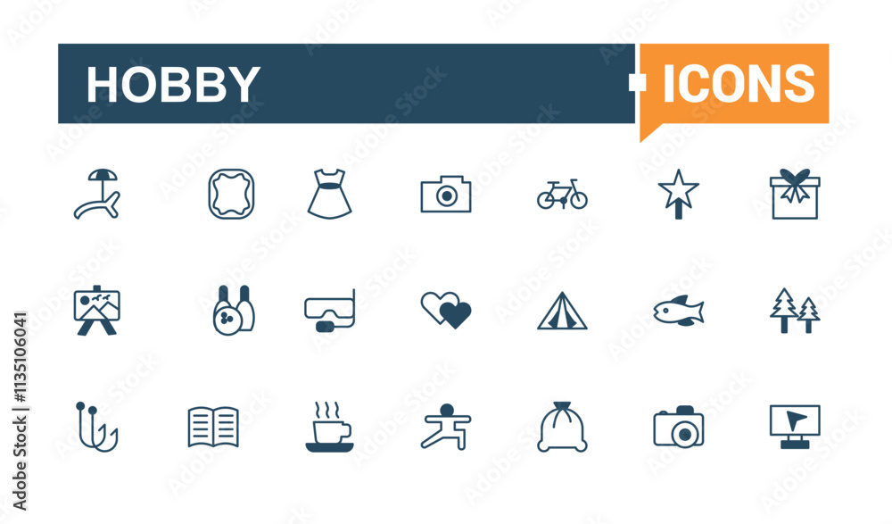 Hobby icon set. Containing linear, vacation, glyph, relax, sea, bus ...