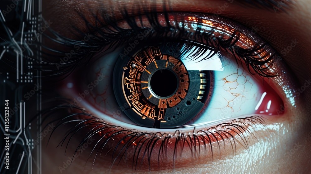 A close-up view of a human eye that features an intricate, mechanized ...