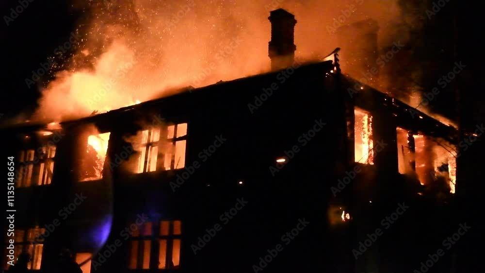 Firefighters are fighting a burning house fire. A fireman is watering ...