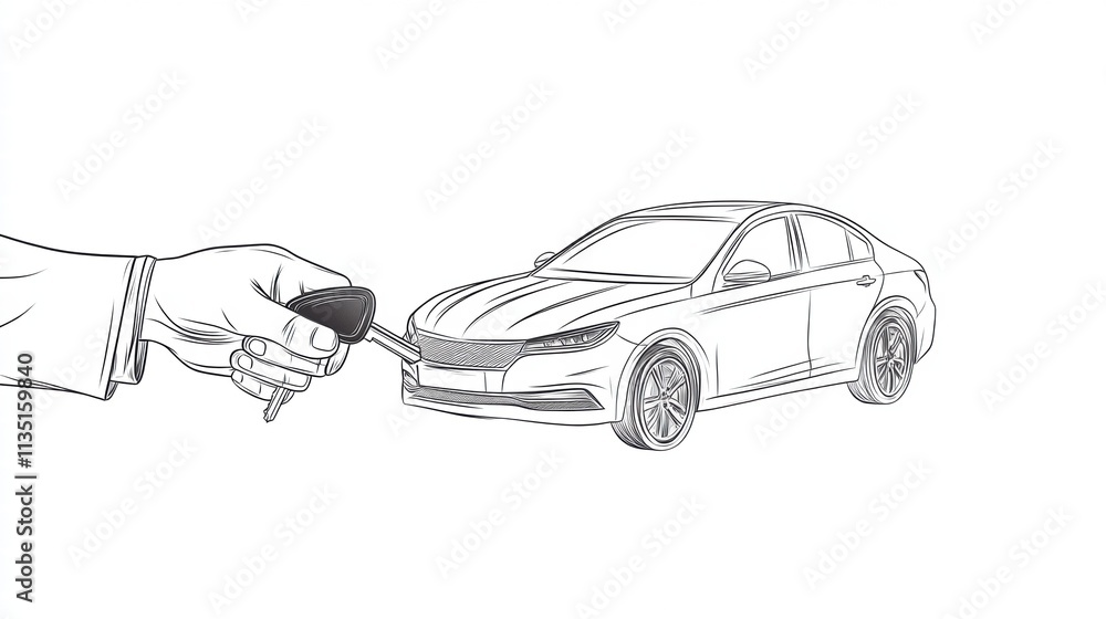 Continuous one-line drawing of a car seller handing over a key and ...
