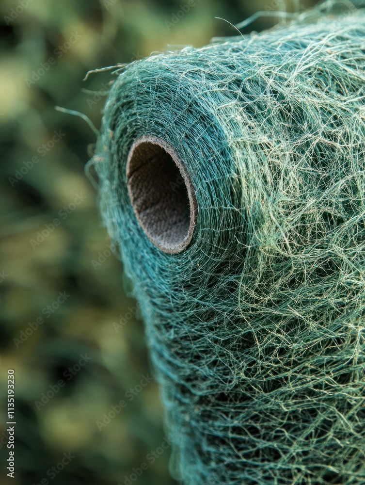 Greenish nylon mesh holding fibrous filler (recycled carpet waste ...