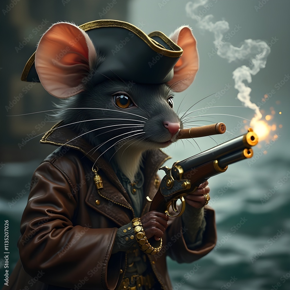 Anthropomorphic Pirate Mouse with Tricorn Hat and Flintlock Pistol in ...