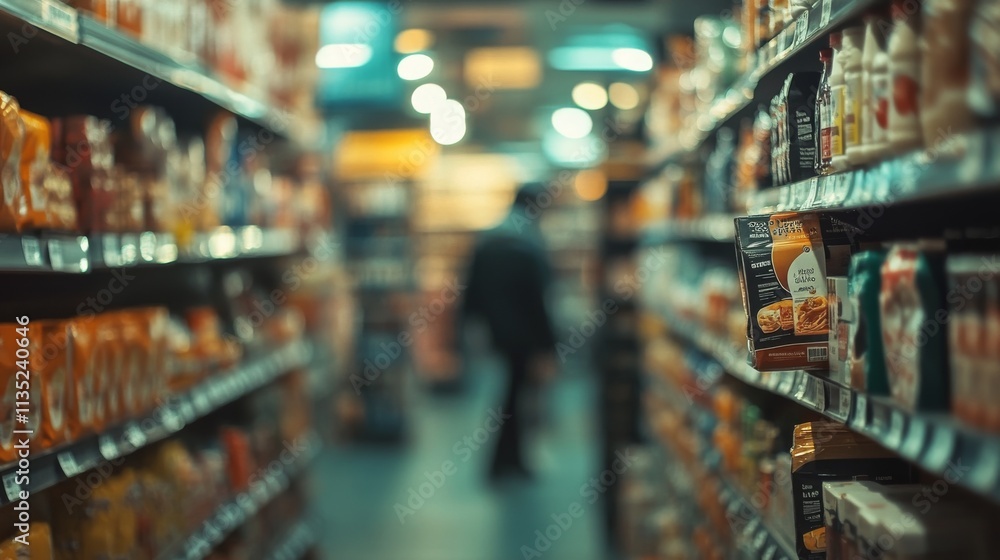 An artistic shot of a grocery store aisle, featuring a blur effect with ...