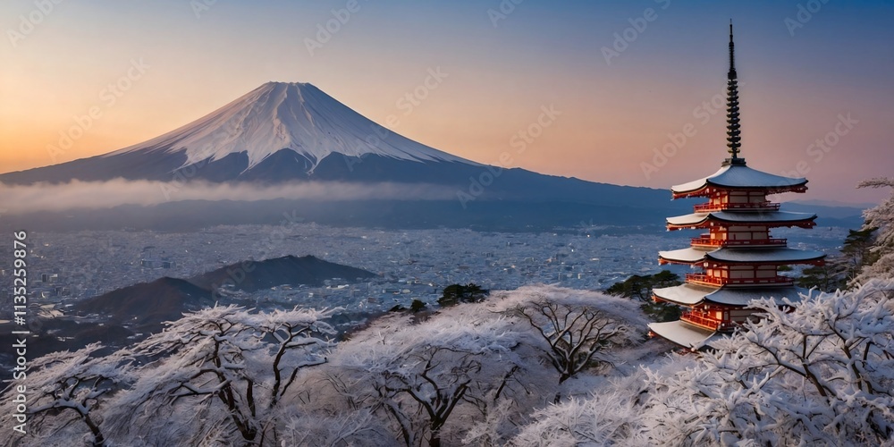 Mount Fuji and snow covering Chureito pagoda at sunset, japan in the ...