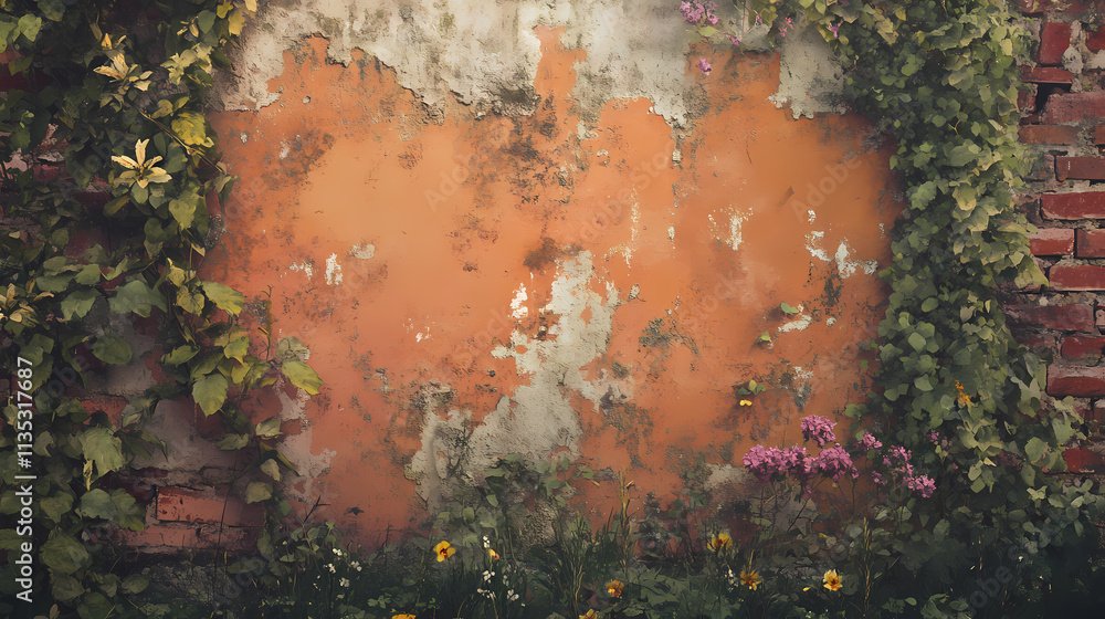 Photo & Art Print Old rustic orange brick wall with ivy and moss ...