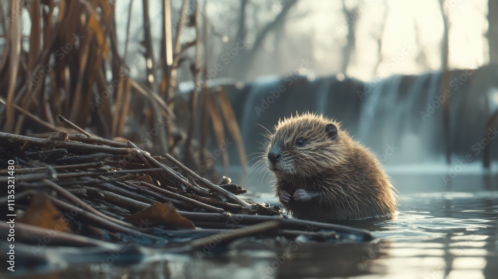 Baby beaver near stick pile by riverbank with dam and reeds Stock Photo ...