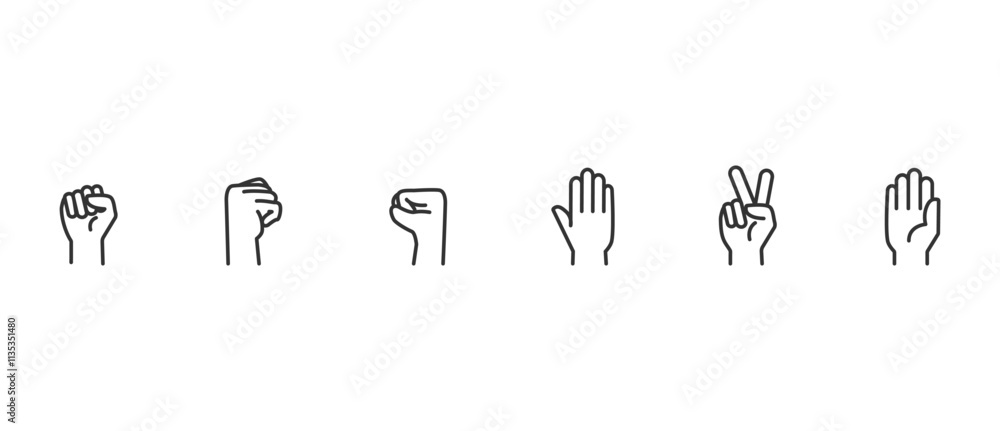 Simple open hand gesture linear icons set. Clenching fist gesture ...