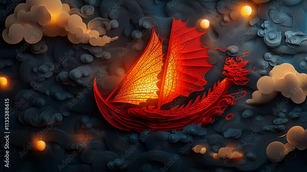 Artistic glowing red dragon boat with illuminated sails floating ...