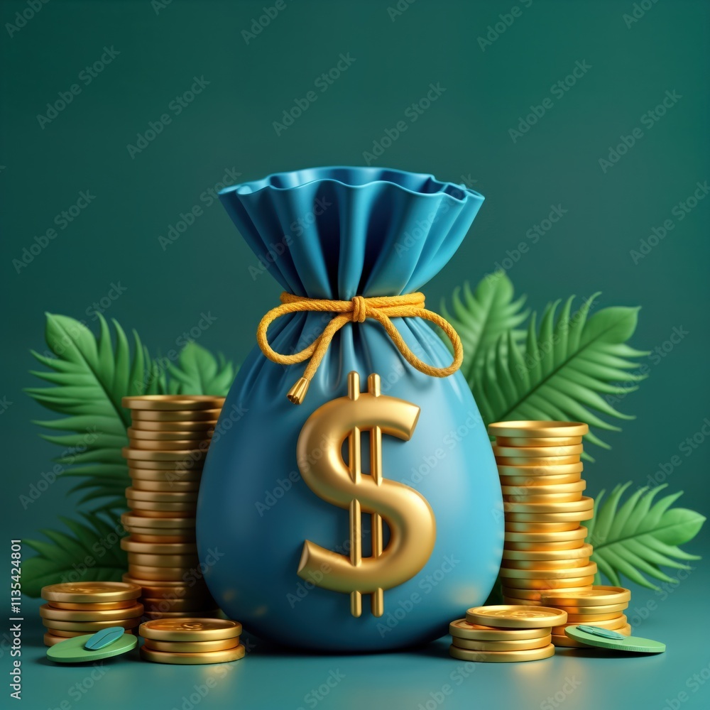 Blue money bag with golden dollar sign sits surrounded by stacks of ...