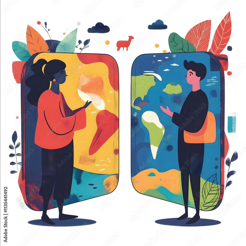 create an image that shows two people talking living in different parts ...