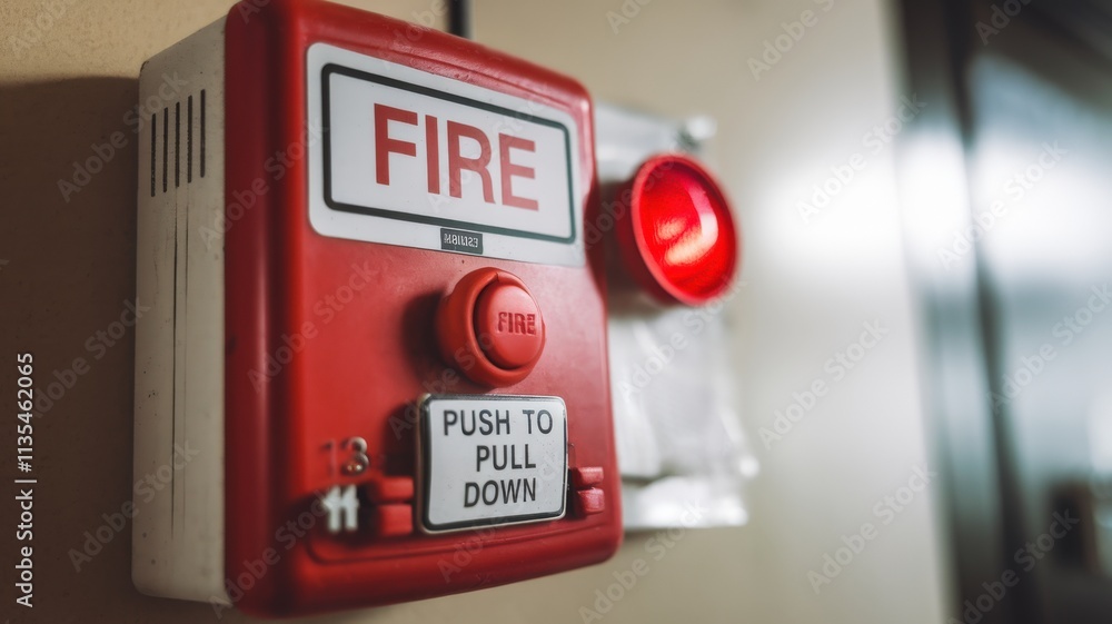 Red Fire Alarm Box with Pull Down Action and Warning Light Stock Photo ...