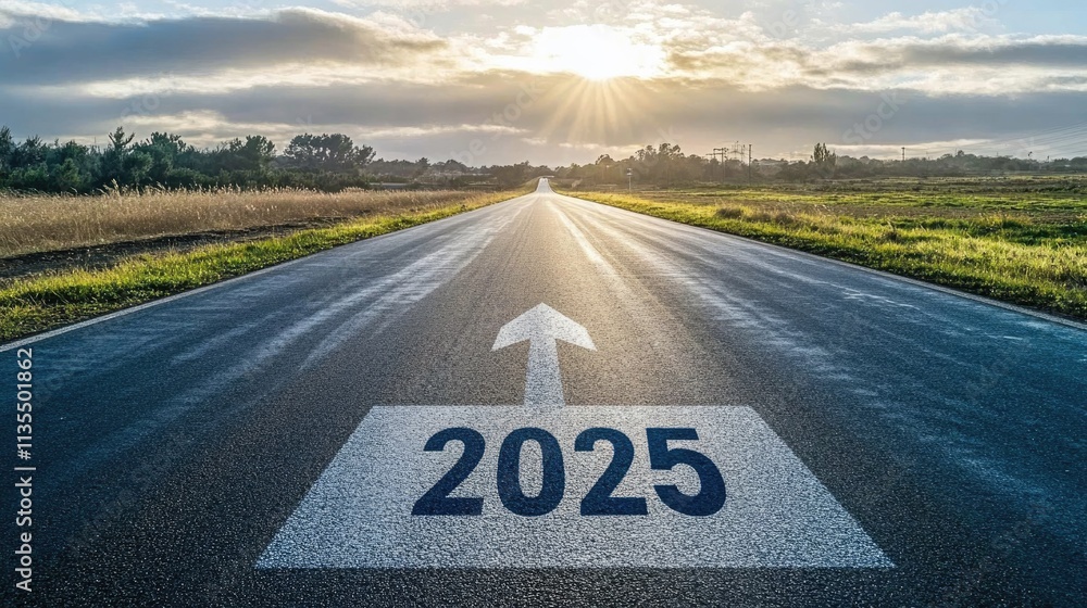 Text "2025" and arrow pointing towards the horizon written on asphalt ...