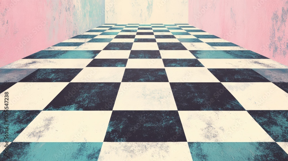 Retro grainy pattern with black and white checkered floor, vaporwave ...