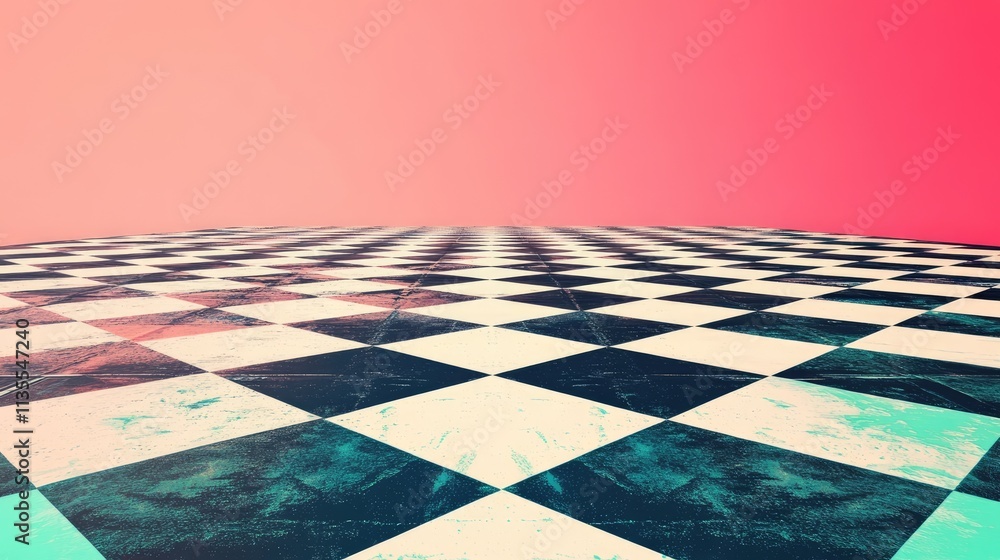 Ilustrace „Retro grainy pattern with black and white checkered floor ...