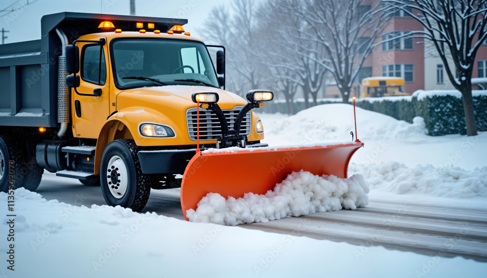 Powerful yellow snow plow truck efficiently removes snow from icy road ...