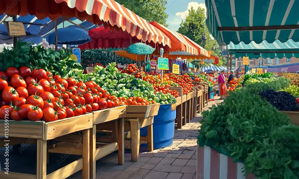 Vibrant Farmers Market Scene: Fresh Produce, Colorful Stalls, Sunny Day Stock Video | Adobe Stock