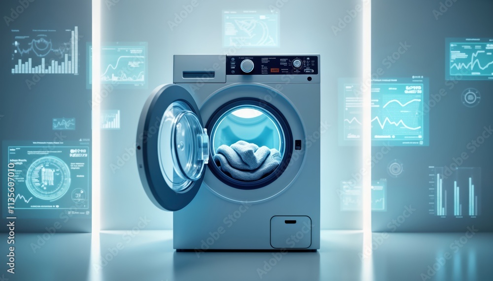 Modern washing machine with open door showing laundry. Holographic data ...