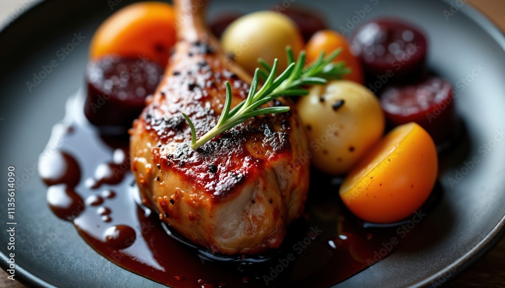 Gourmet duck confit served with roasted root vegetables, port reduction ...