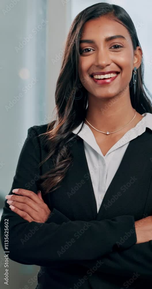Crossed arms, happy and face of businesswoman in office with confidence ...