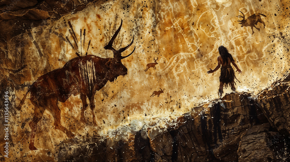 Majestic, prehistoric mural with silhouetted bison, reindeer or deer in ...
