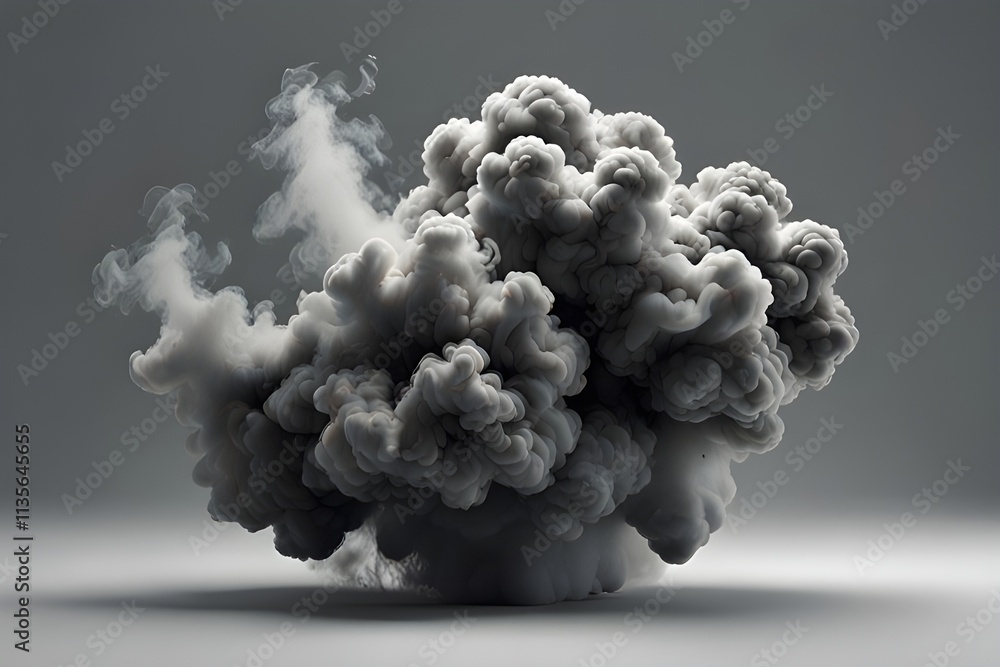Grey smoke puff, white background and studio with no people with fog in ...
