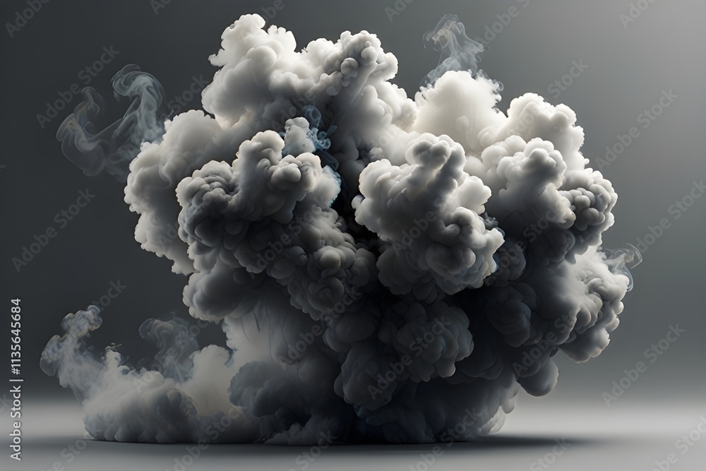 Grey smoke puff, white background and studio with no people with fog in ...