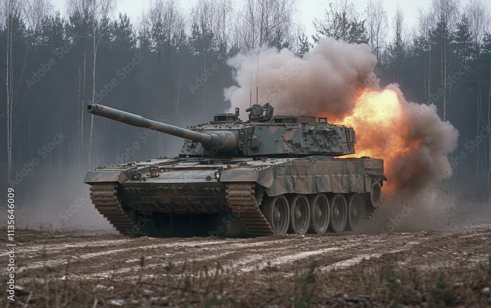 Powerful tank blasts a fiery projectile, smoke billowing behind in a ...