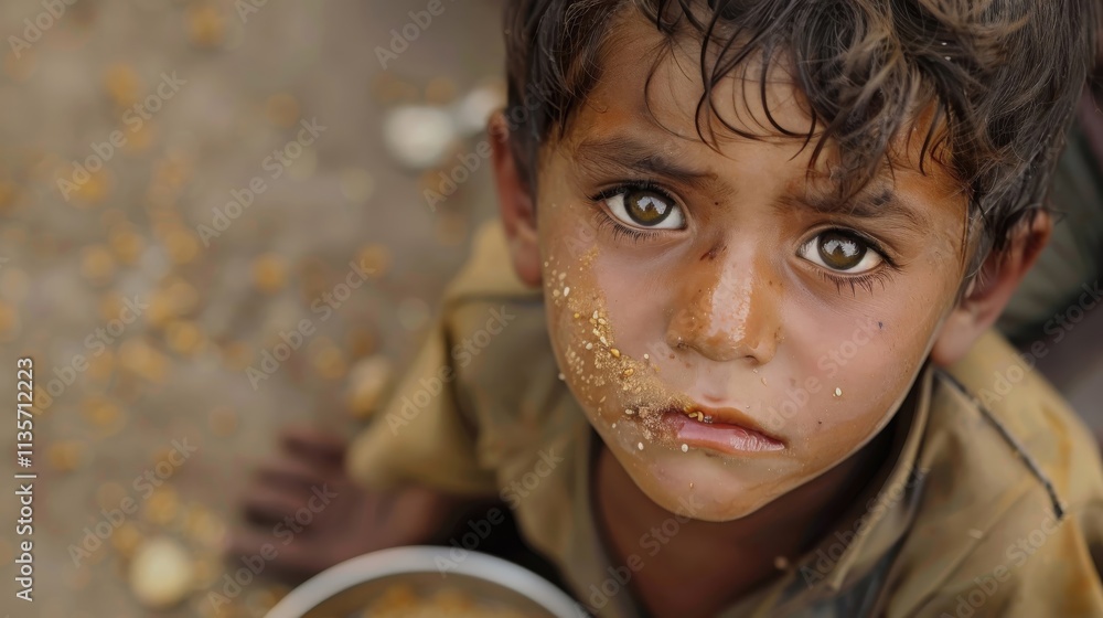 A starving child with a tattered shirt and sad eyes symbolizes the ...