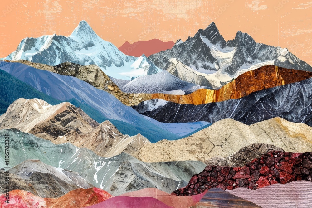 A vibrant collage depicting a mountain landscape with various textures ...