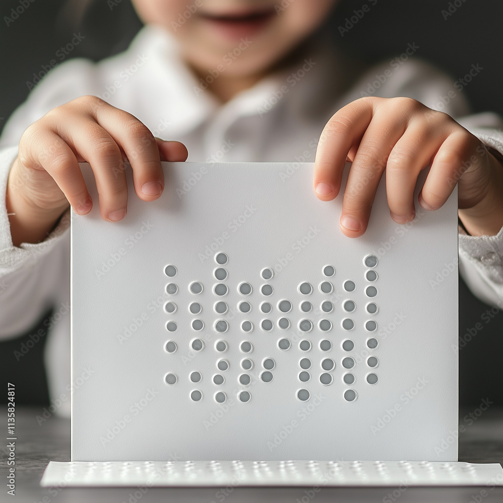 blind child running fingers across braille book page with school ...