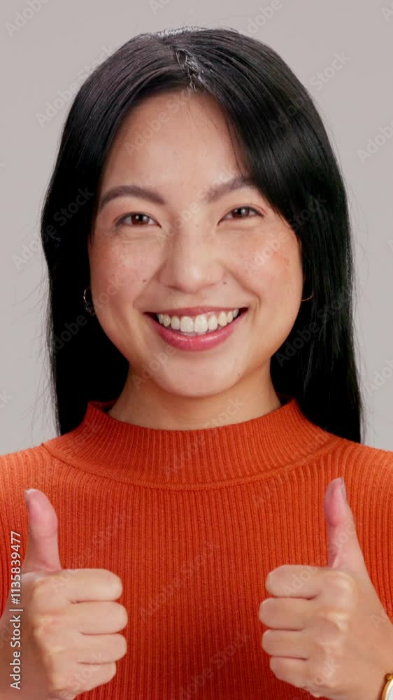 Face, support and thumbs up with woman in studio for motivation ...